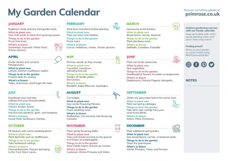 The Primrose Printable Garden Calendar - Primrose Garden Club | Expert ...